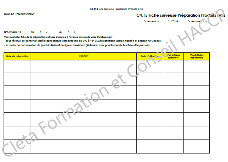 Fiche PMS HACCP C4.15 Fiche suiveuse Préparation Produits Finis – CLETA ...